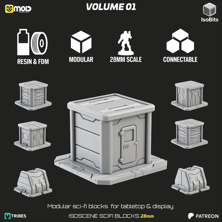 3D Printable Modular Terrain 28mm IsoBits Sci-Fi Blocks | Volume 01 by Moid